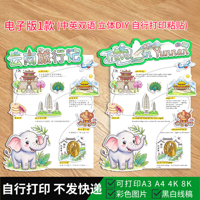 1031-中英双语 云南旅行记立体手抄报 暑期旅行路线小报线稿