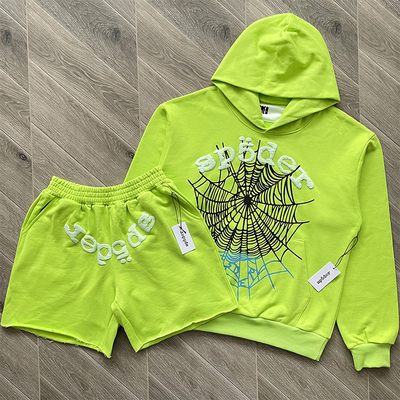 Sp5der 555555 Hoodies 经典蜘蛛网印花男女休闲连帽卫衣短裤套装