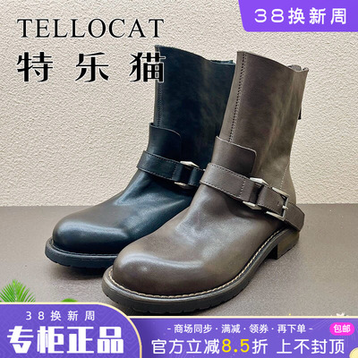 正品TELLOCAT特乐猫女靴2025秋新款牛皮中跟圆头短靴时尚性感