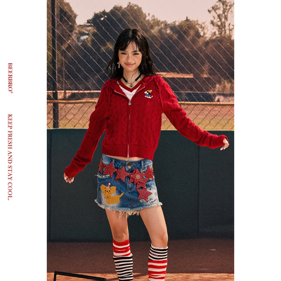 BeerBro 『反叛摇滚』北极绒纱线贴车小狗章仔红色毛衣开衫女秋冬