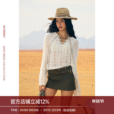 BeerBro『非洲大迁徙』透气防晒毛织穿绳串珠套头长袖衫女夏季