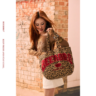 BeerBro 『反叛摇滚』全棉洗水豹纹贴布刺绣单肩包斜挎包女秋冬