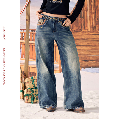 BeerBro『反叛假日』做旧水洗经典百搭宽松直筒豹纹烫钻牛仔裤