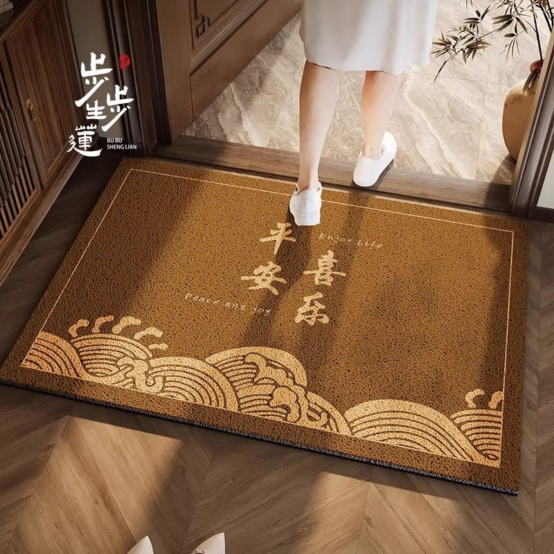新中式土黄色地垫入户门垫咖啡色入门门口丝圈脚垫进门外棕色地毯