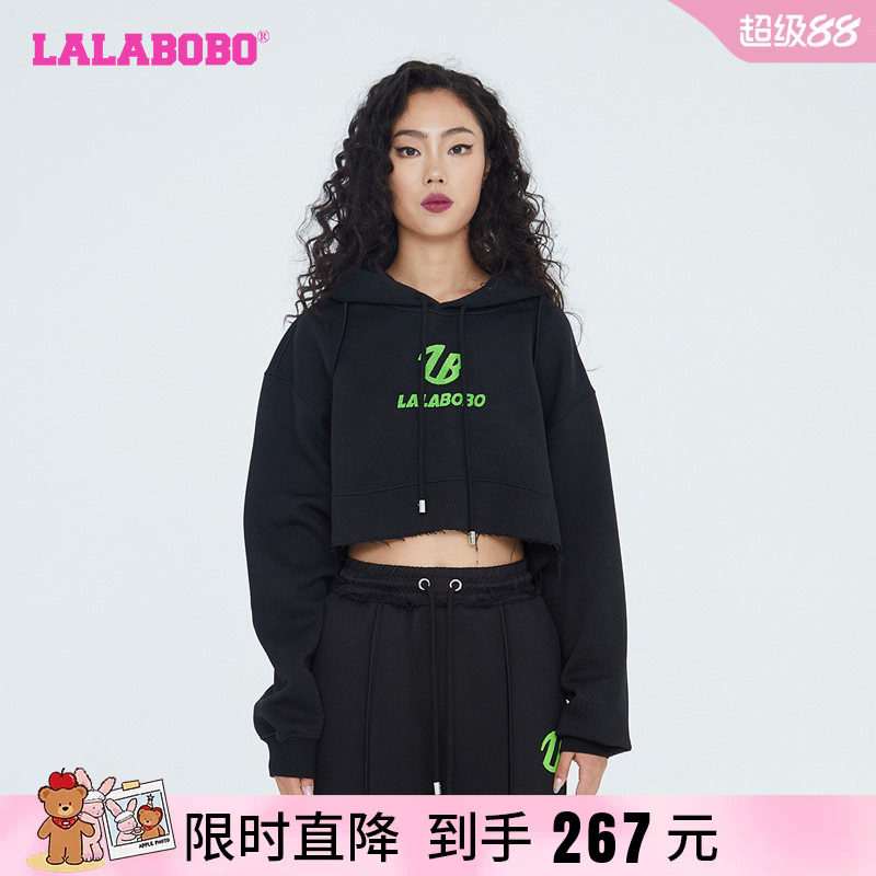 LALABOBO早秋新品潮流金属荆棘熊抽绳套头连帽卫衣女|LBCC-WSTS38