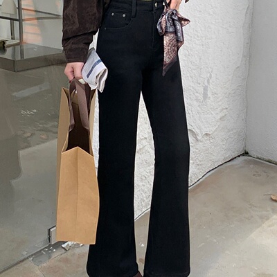 25冬新款加厚显瘦高腰保暖丝巾复合黑色加绒微喇牛仔长裤女22740