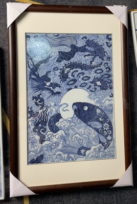 70*38仿元鱼化龙博挂画瓷板画景德镇陶瓷手工手绘瓷片装饰送人泥