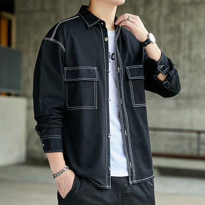 秋冬季衬衫男韩版纯色牛仔工装长袖帅气宽松外套休闲衬衣夹克痞帅