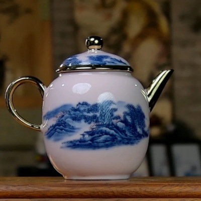 景德镇高温陶瓷红稀土山水手工手绘金包瓷品茗茶具水壶茶壶蛋壳壶
