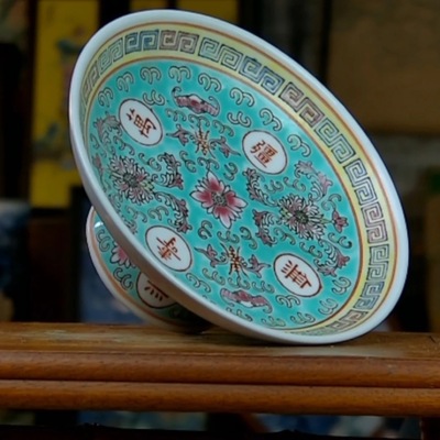 景德镇陶瓷手工手绘绿色万寿无疆高脚贡盘中式赏盘果盘 家居摆件