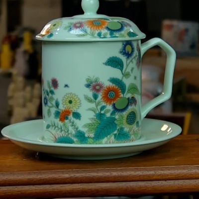 景德镇高温陶瓷绿稀土向日葵办公杯手绘一杯一碟茶杯茶具水杯喝茶