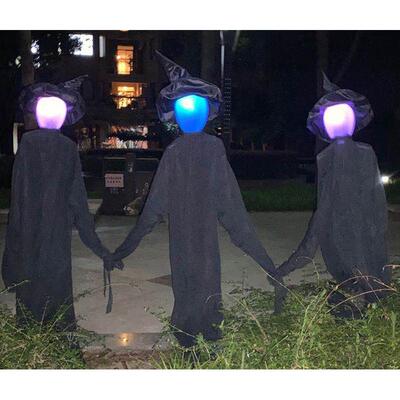 爆款万圣节装饰声控牵手发光发声3人感应女巫鬼屋布置道具