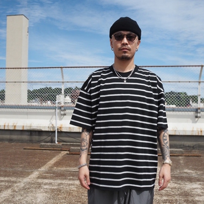 COOTIE纯棉拼接条纹宽松短袖T恤