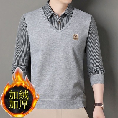 假两件+翻领+条纹+加绒+保暖毛衣