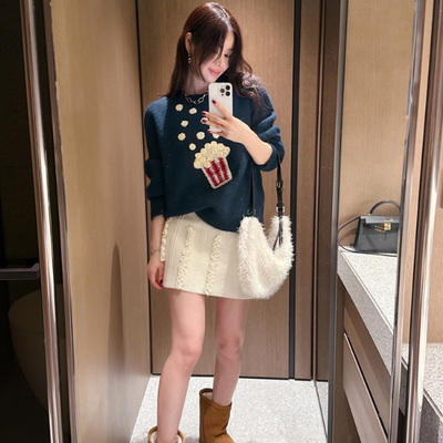 partysu韩国正品代购2025慵懒风立体花朵毛衣女冬套头针织衫上衣