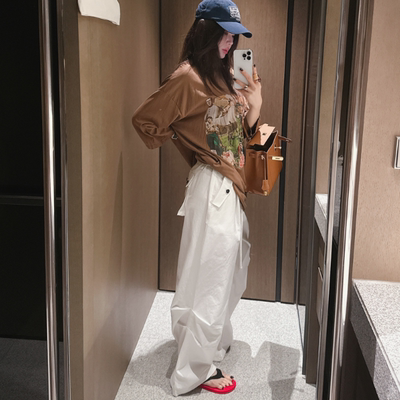 Partysu正品 韩国代购春高腰显瘦百搭褶皱设计抽绳阔腿休闲长裤