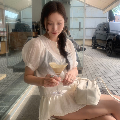 韩国正品代购夏季新款 宽松版型甜美休闲系带收腰荷叶边衬衫