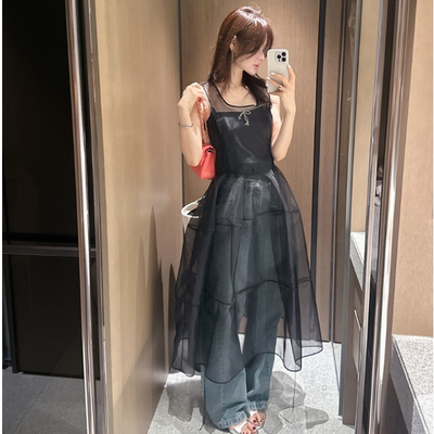 Partysu正品 韩国代购 浪漫小公主方领设计收腰透视感网纱连衣裙