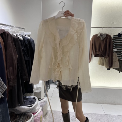 TYCHE秋  韩国代购 休闲宽松荷叶边翻领长袖时尚简约小衫上衣