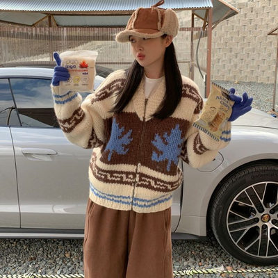 STAY HERE韩国正品代购2025复古风拉链针织开衫女拼色重工毛衣