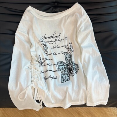 KFCAG甜酷风蝴蝶结印花露肩斜肩长袖T恤防晒罩衫夏季薄款纯欲上衣