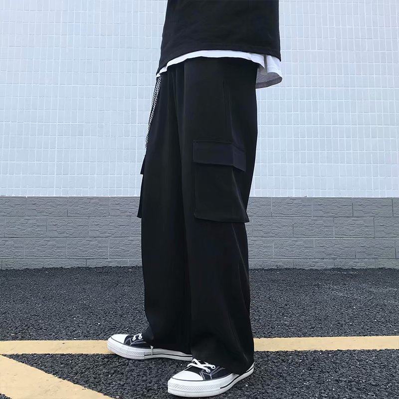 夏季ins薄款多口袋工装阔腿裤男潮牌宽松学生港风百搭直筒休闲裤_虎窝淘