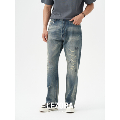 LEZORA泼墨破坏赤耳大直筒牛仔裤