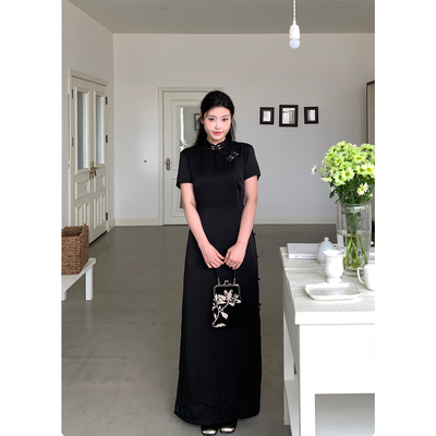 糕冷圆脸[墨彩玲珑]显瘦慵懒风新中式改良旗袍开叉时尚连衣裙