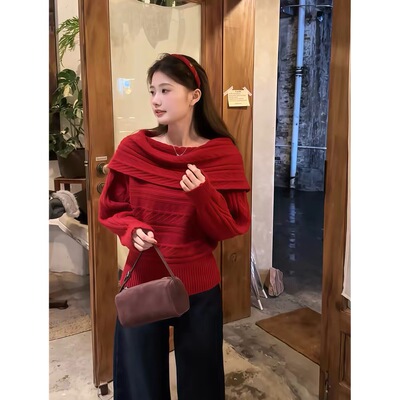 【小四粉丝专享】A318新年红色一字肩麻花针织衫红色毛衣