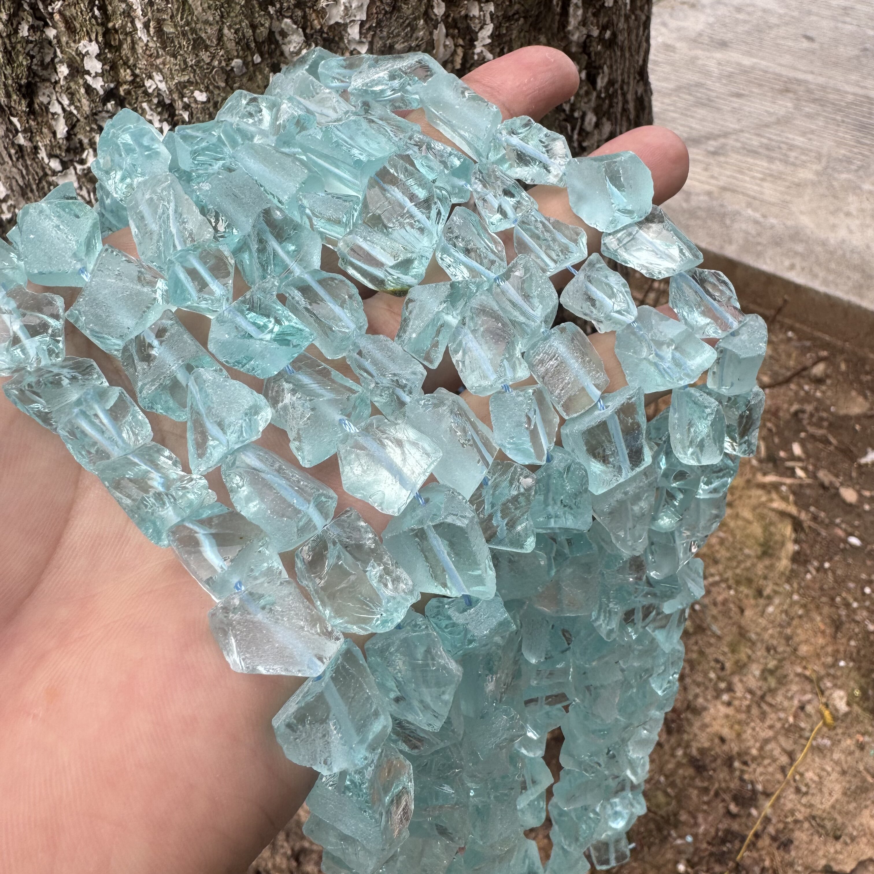 浅海沙淡蓝色原矿玻璃大颗粒碎石散珠配件diy缠绕饰品水晶材料