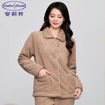 专柜新款珊瑚绒翻领开衫睡衣女士