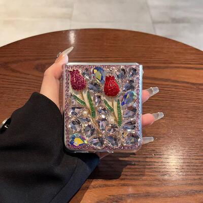 适用华为Pocket 2壳折叠屏P50pocke水钻华为novaFlip保护套小米MIXFliip2蝴蝶镶钻玫瑰花