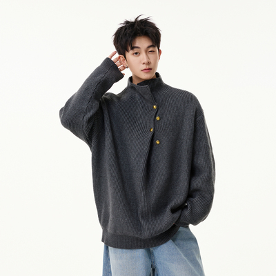 纽扣设计感半高领针织衫男秋季