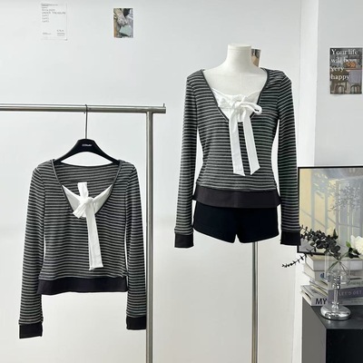 sheepland蝴蝶结拼接假两件天丝长袖t恤女秋冬修身显瘦打底衫上衣