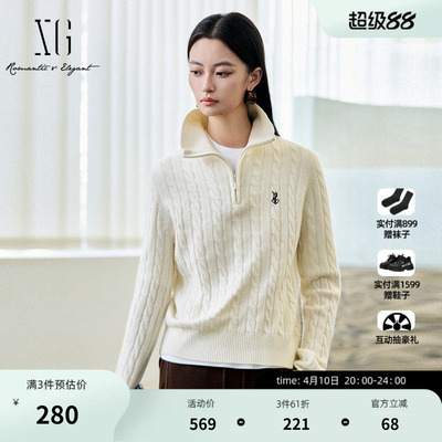XG雪歌纯绵羊毛翻领长袖毛衣2025冬季新款米白色厚款套头针织衫女