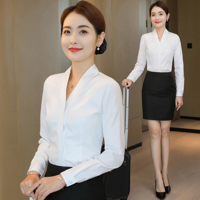职业装白衬衫女工作服气质V领衬衣工装套装空姐面试正装空乘制服