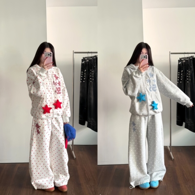 AMER 日系星星满印街头春季拉链宽松连帽外套宽松卫裤套装