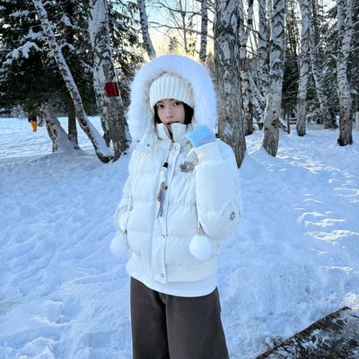 ‘雪花刺绣’AMER 美式复古冬季短款雪人拉链连帽收腰显瘦棉服