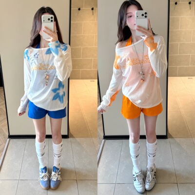 AMER 美式复古印花多巴胺彩色罩衫夏季休闲长袖罩衫宽松