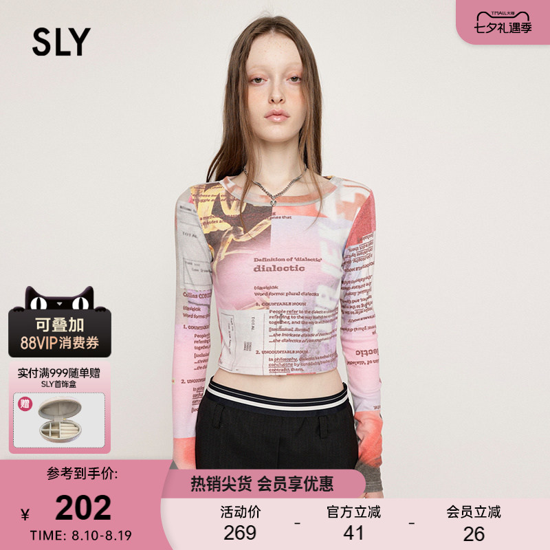 SLY 新品甜辣Y2K欧美风拼贴印花修身圆领长袖T恤女030HSA90-1480