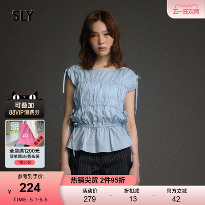 SLY早春新品甜美系带飞飞袖褶皱修身圆领衬衫女030ISZ30-4441