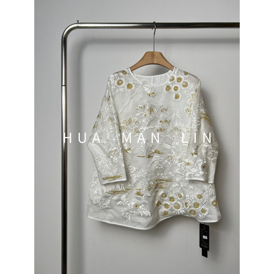 花林圆领斜门襟重工刺绣欧根纱真丝桑蚕丝七分袖上衣8712