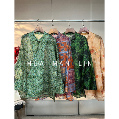 【花滿林】四色小立领斜门襟玉石扣欧根纱桑蚕丝长袖上衣20310