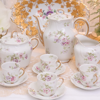 现货法国limoges绿叶粉紫花少女心洛可可风咖啡壶糖奶摩卡咖啡杯