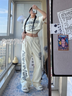 pickypicky春夏新款嘻哈字母印花潮牌休闲米杏色短袖套装