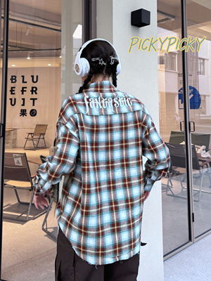 pickypicky美式复古百搭毛边背后字母刺绣格子衬衫宽松格子衬衫