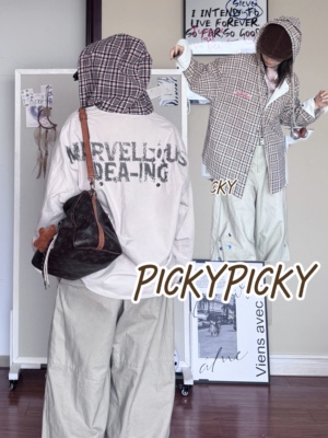 pickypicky日系连帽双面穿印花格子长袖少年感外套