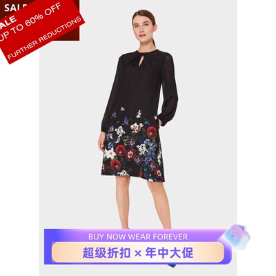 HOBBS长袖连衣裙A字裙黑色裙边印花修身英伦气质通勤百搭显瘦