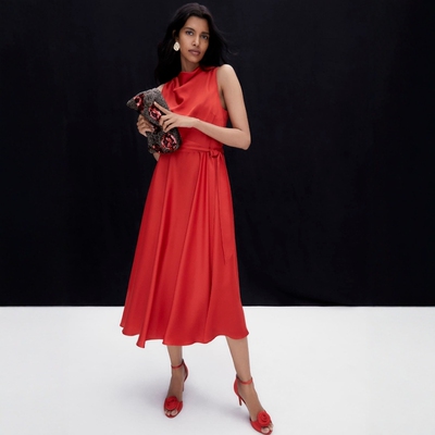 Phase Eight红色断面礼服裙度假裙连衣裙长裙系带大摆堆堆领优雅