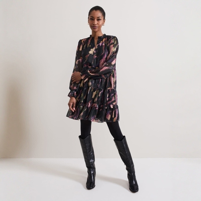 Phase Eight长袖雪纺连衣裙一步裙黑底英伦印花显瘦气质百搭